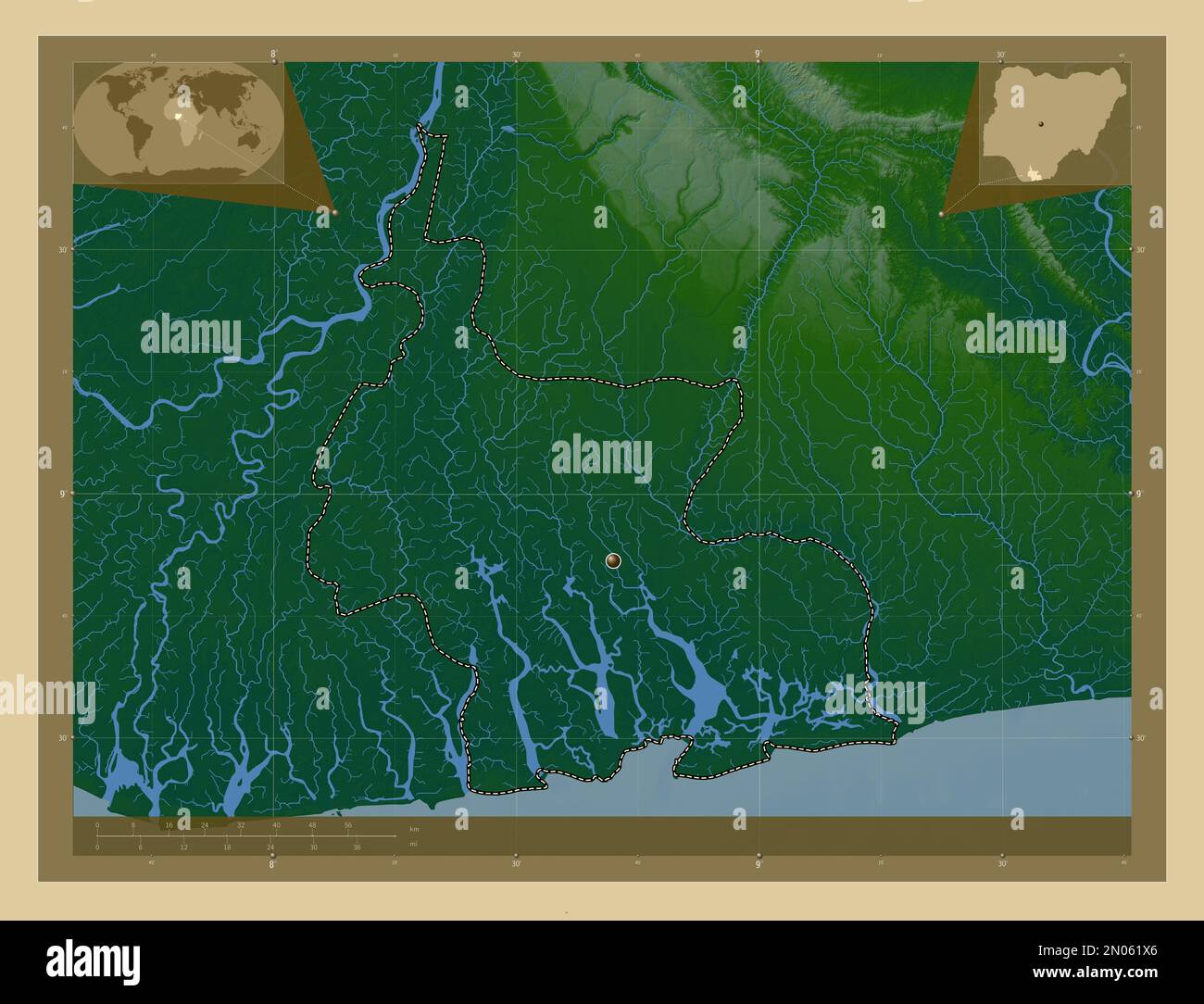 Rivers, state of Nigeria. Colored elevation map with lakes and rivers ...