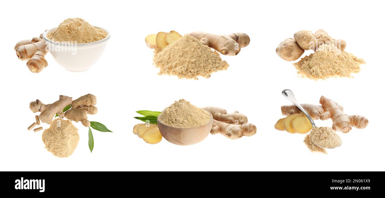 Set with ginger root and powder on white background. Banner design ...