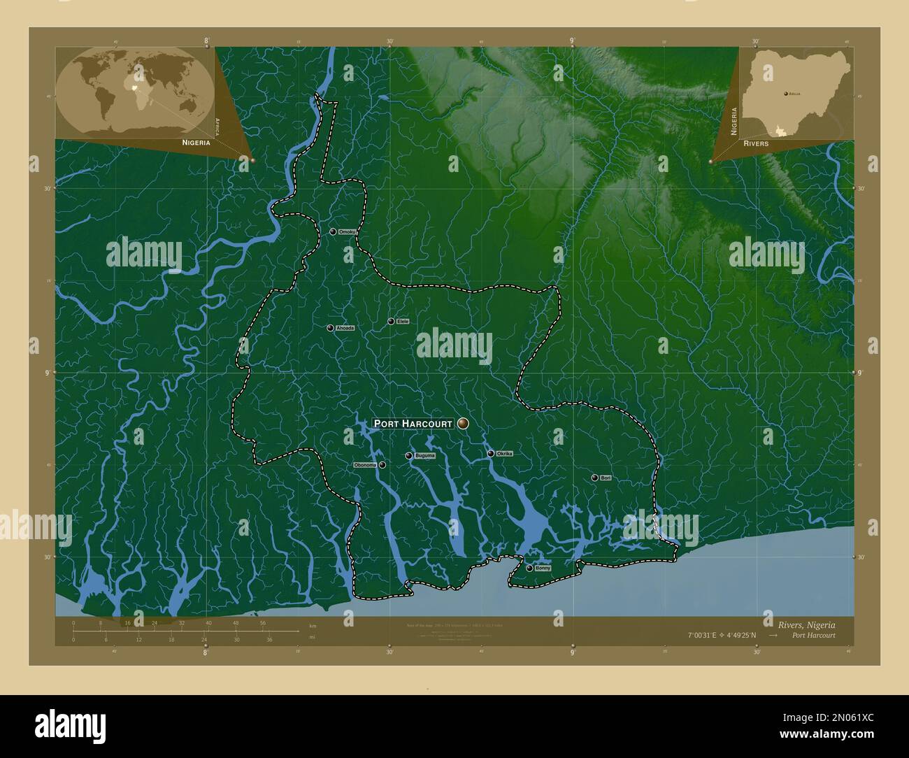 Rivers, state of Nigeria. Colored elevation map with lakes and rivers ...