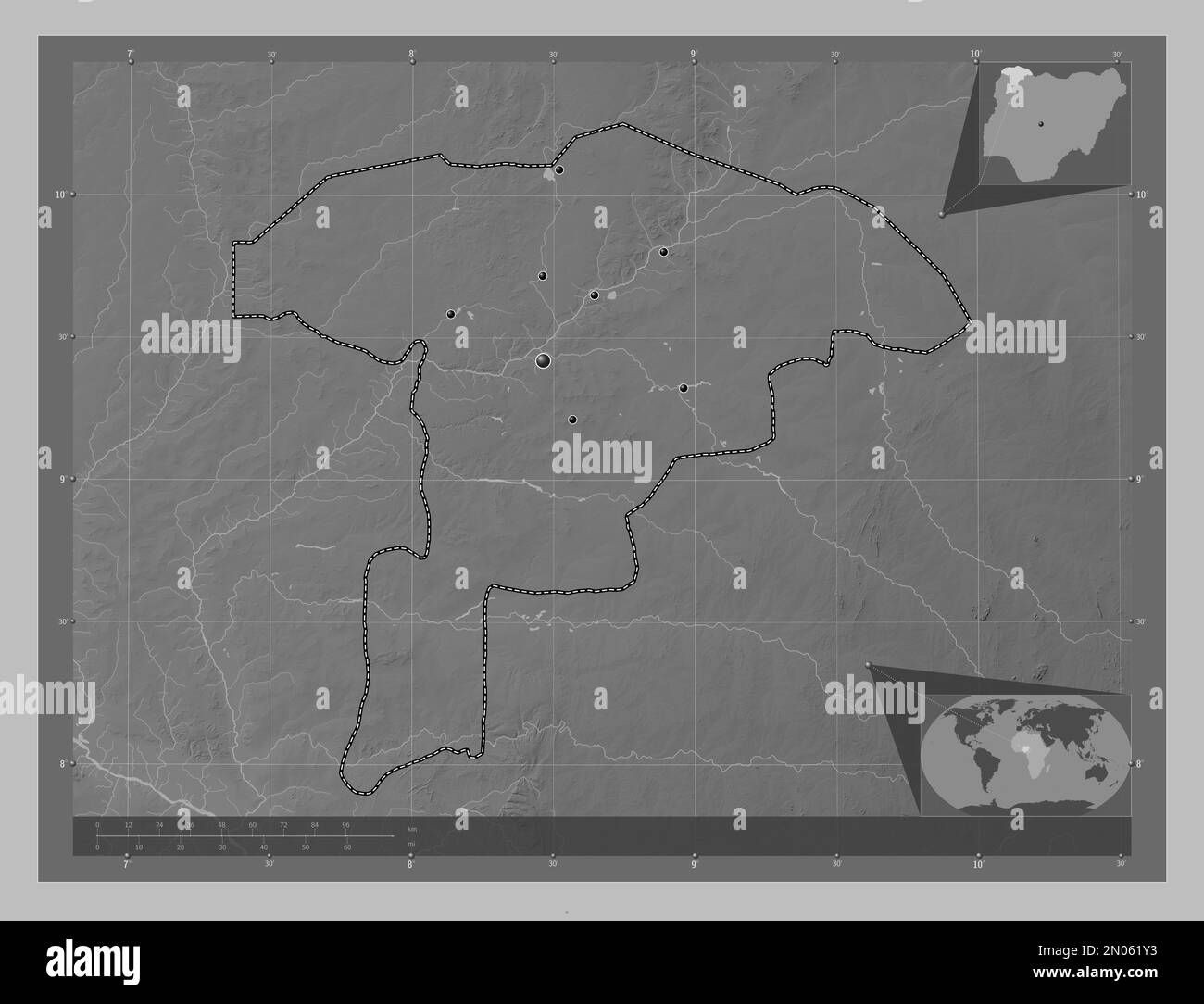 Sokoto, state of Nigeria. Grayscale elevation map with lakes and rivers ...