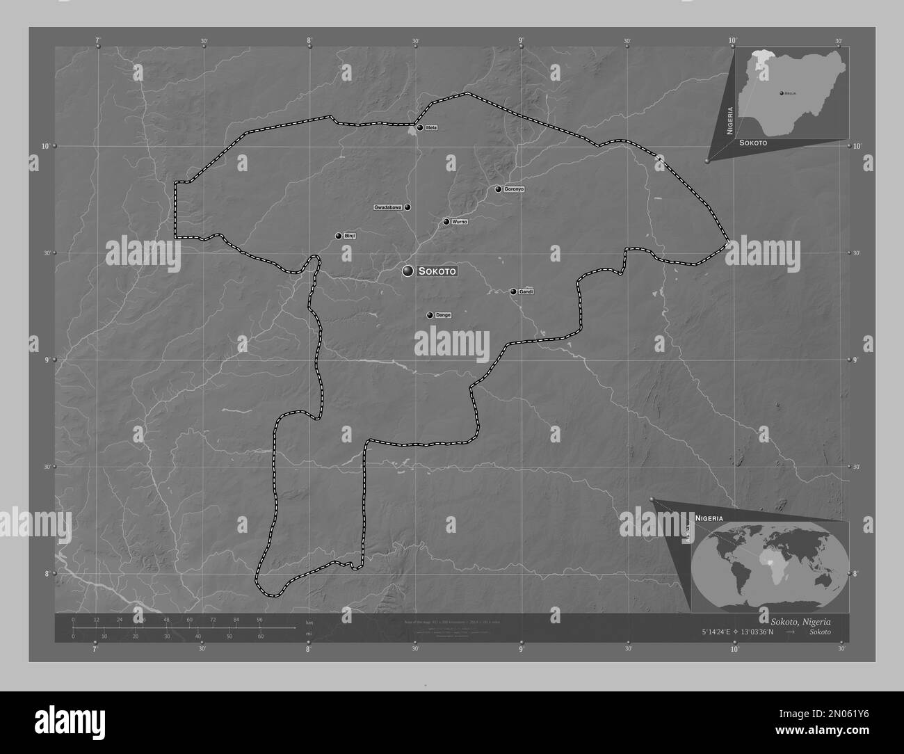 Sokoto, state of Nigeria. Grayscale elevation map with lakes and rivers ...