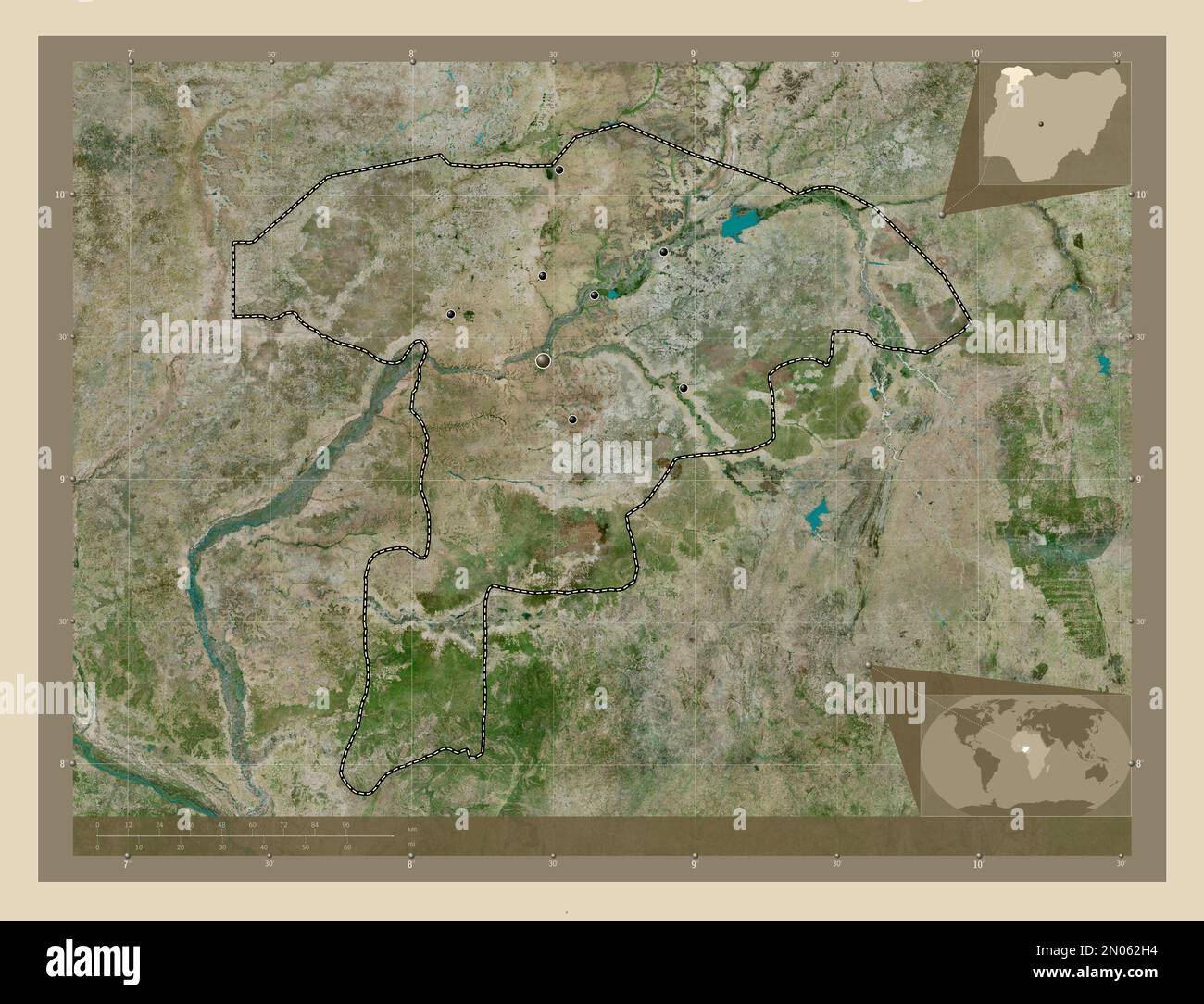 Sokoto, state of Nigeria. High resolution satellite map. Locations of ...