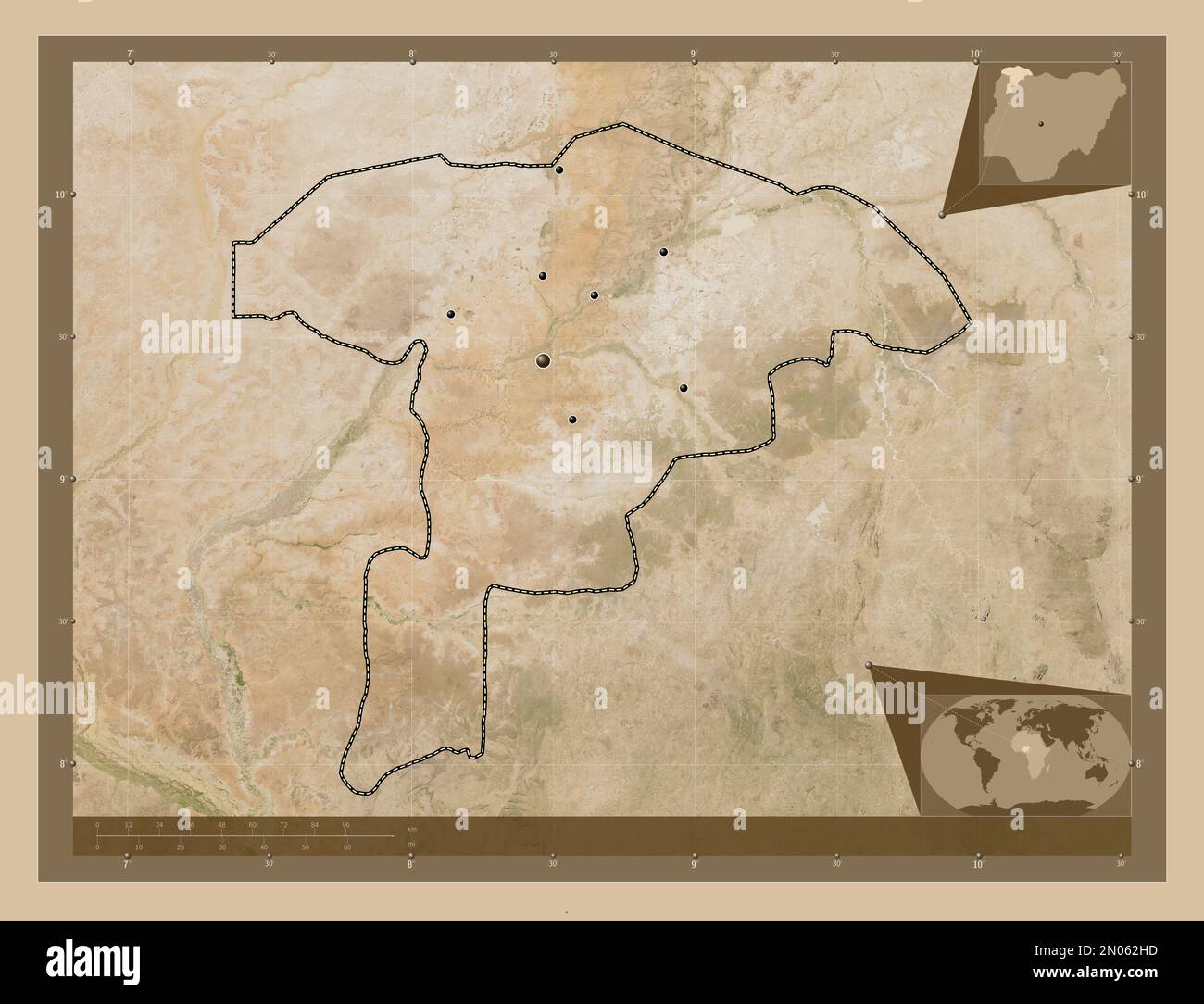 Sokoto, state of Nigeria. Low resolution satellite map. Locations of ...