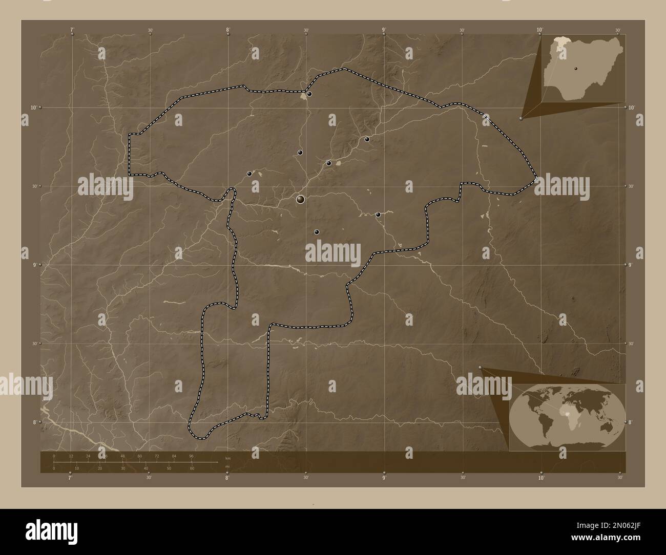 Sokoto, state of Nigeria. Elevation map colored in sepia tones with ...
