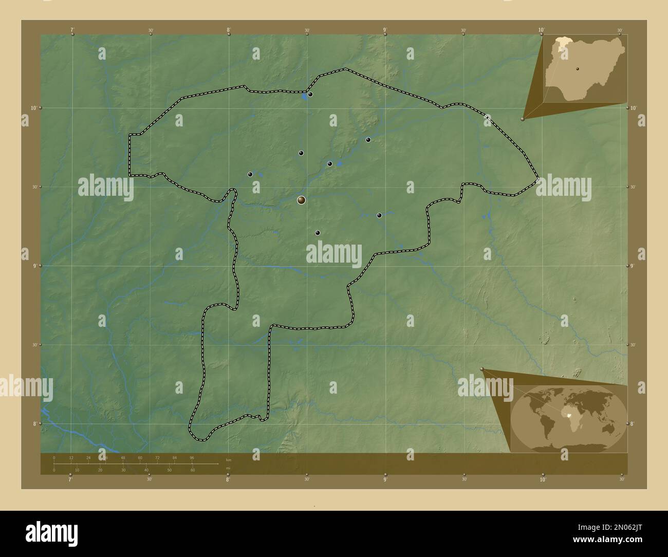 Sokoto, state of Nigeria. Colored elevation map with lakes and rivers ...