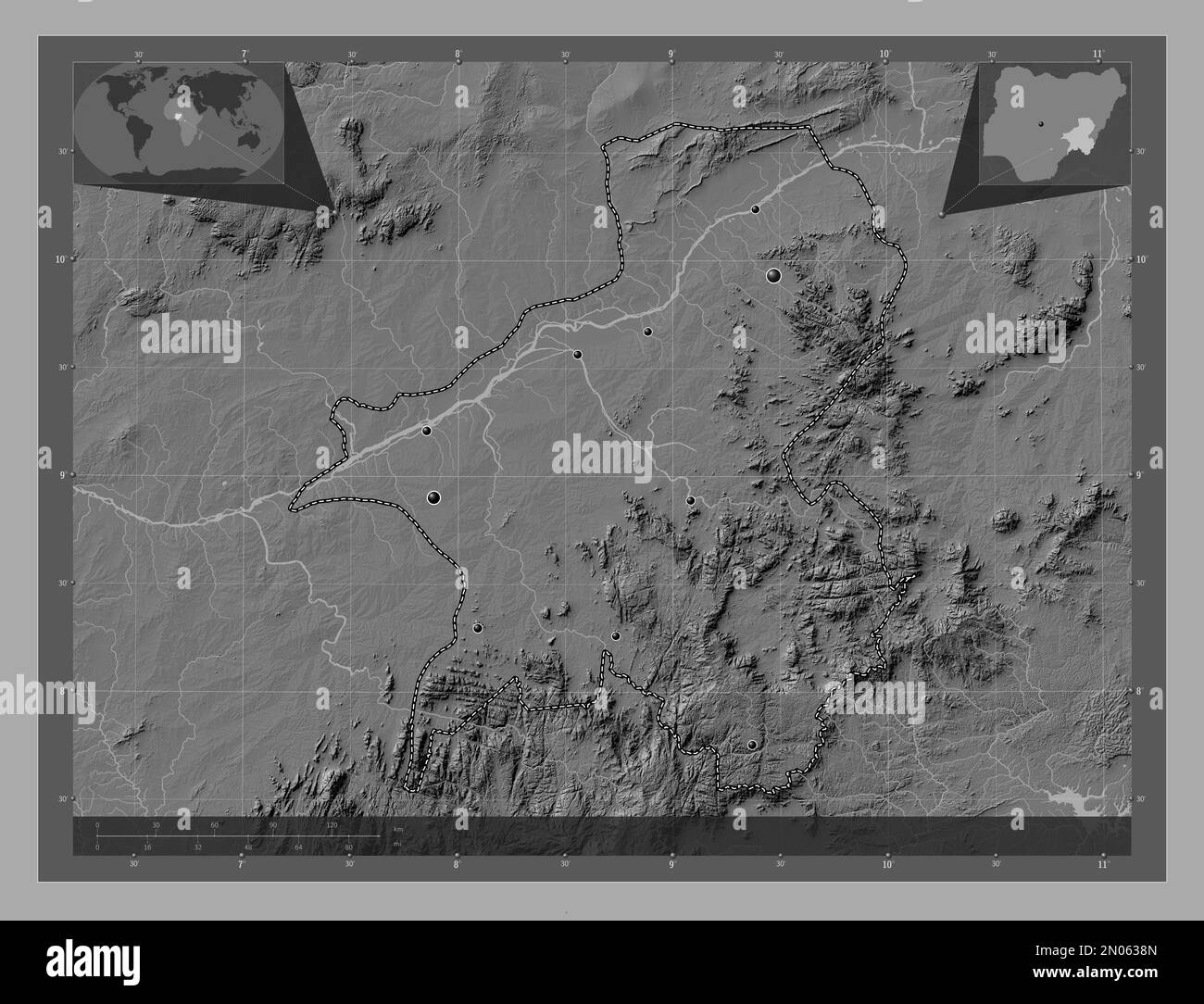 Taraba, state of Nigeria. Bilevel elevation map with lakes and rivers ...