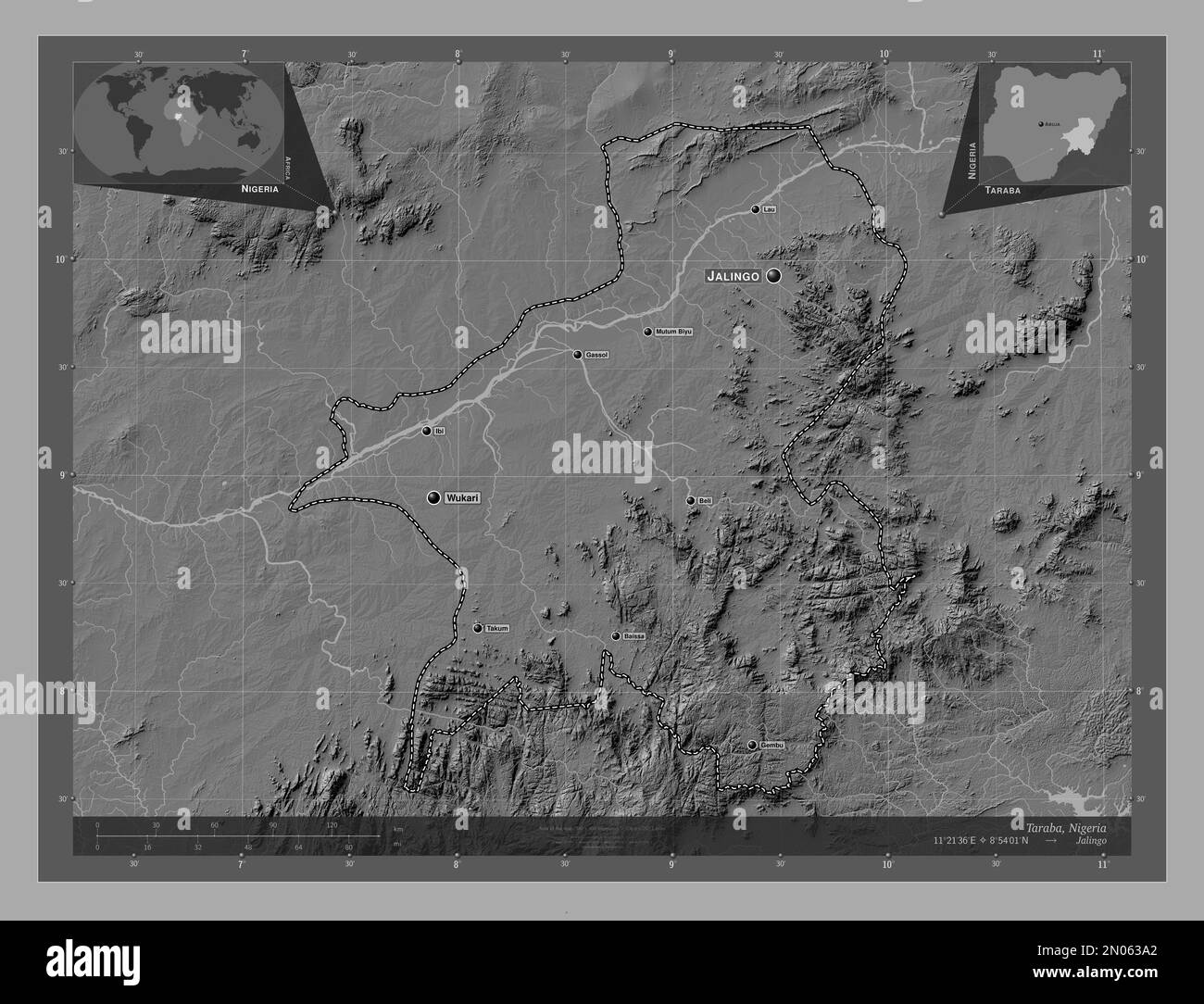 Taraba, state of Nigeria. Bilevel elevation map with lakes and rivers ...