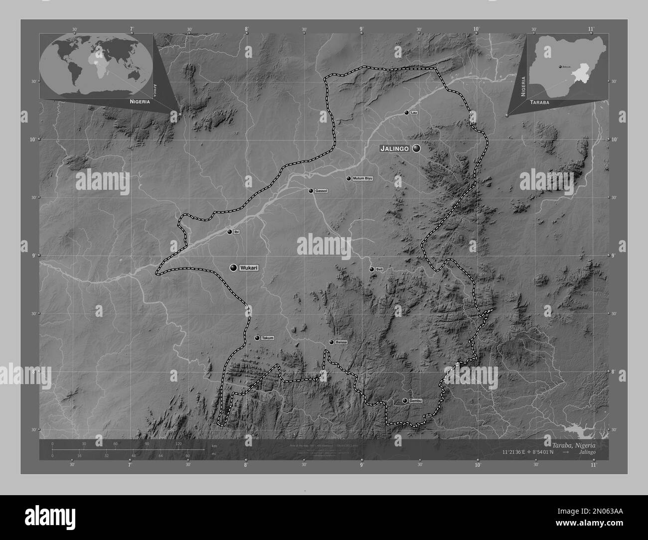 Taraba, state of Nigeria. Grayscale elevation map with lakes and rivers ...