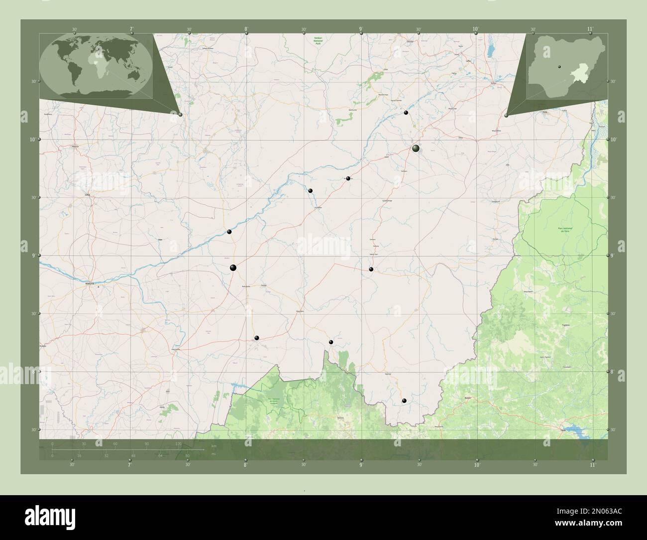Taraba, state of Nigeria. Open Street Map. Locations of major cities of ...