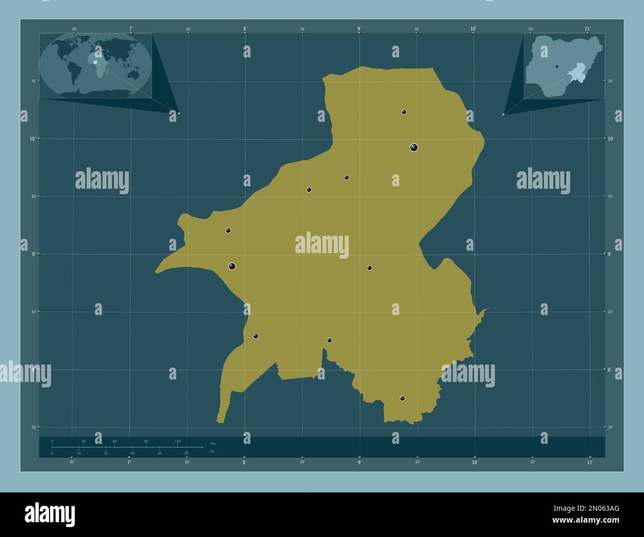 Taraba, state of Nigeria. Solid color shape. Locations of major cities ...