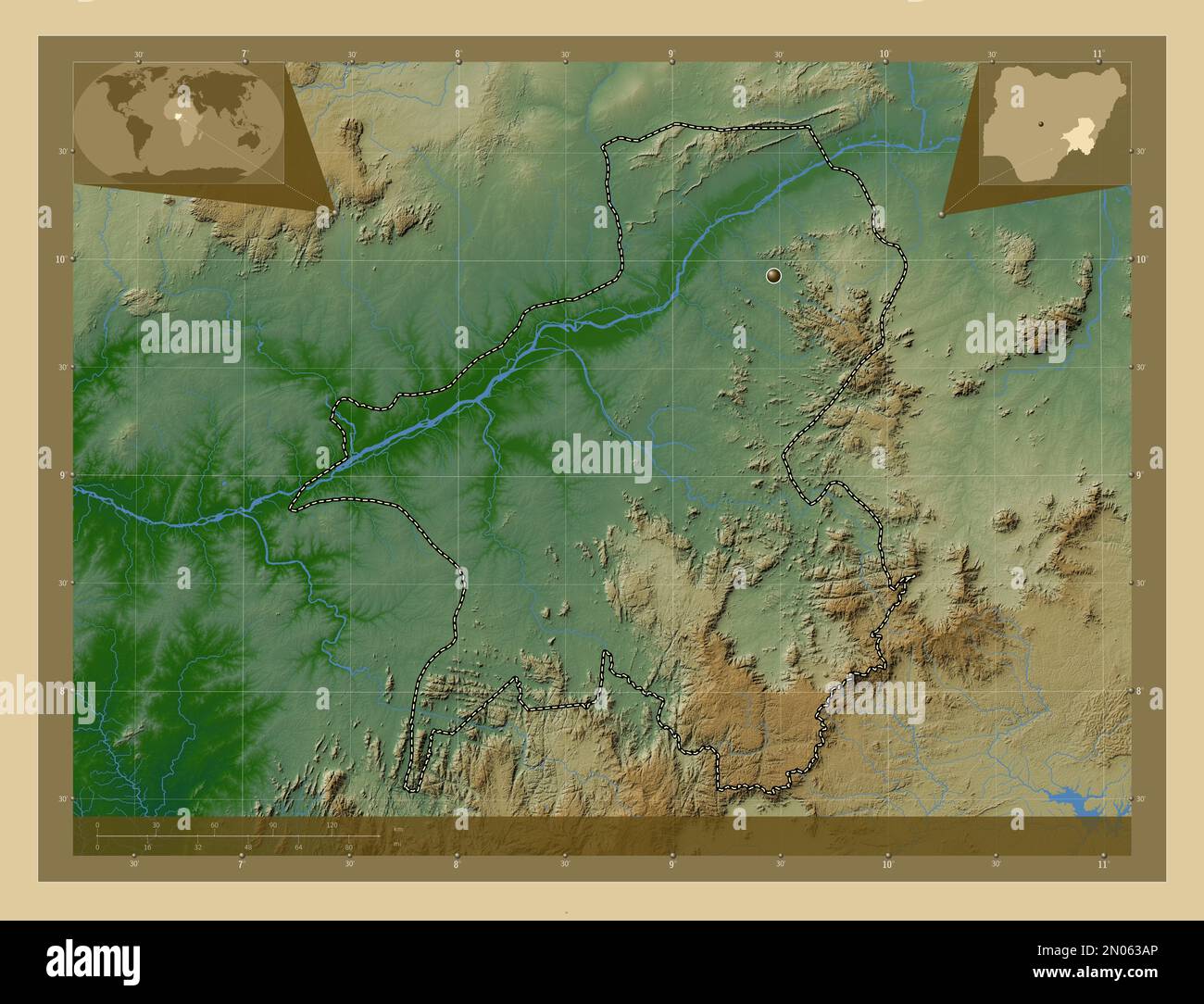 Taraba, state of Nigeria. Colored elevation map with lakes and rivers ...