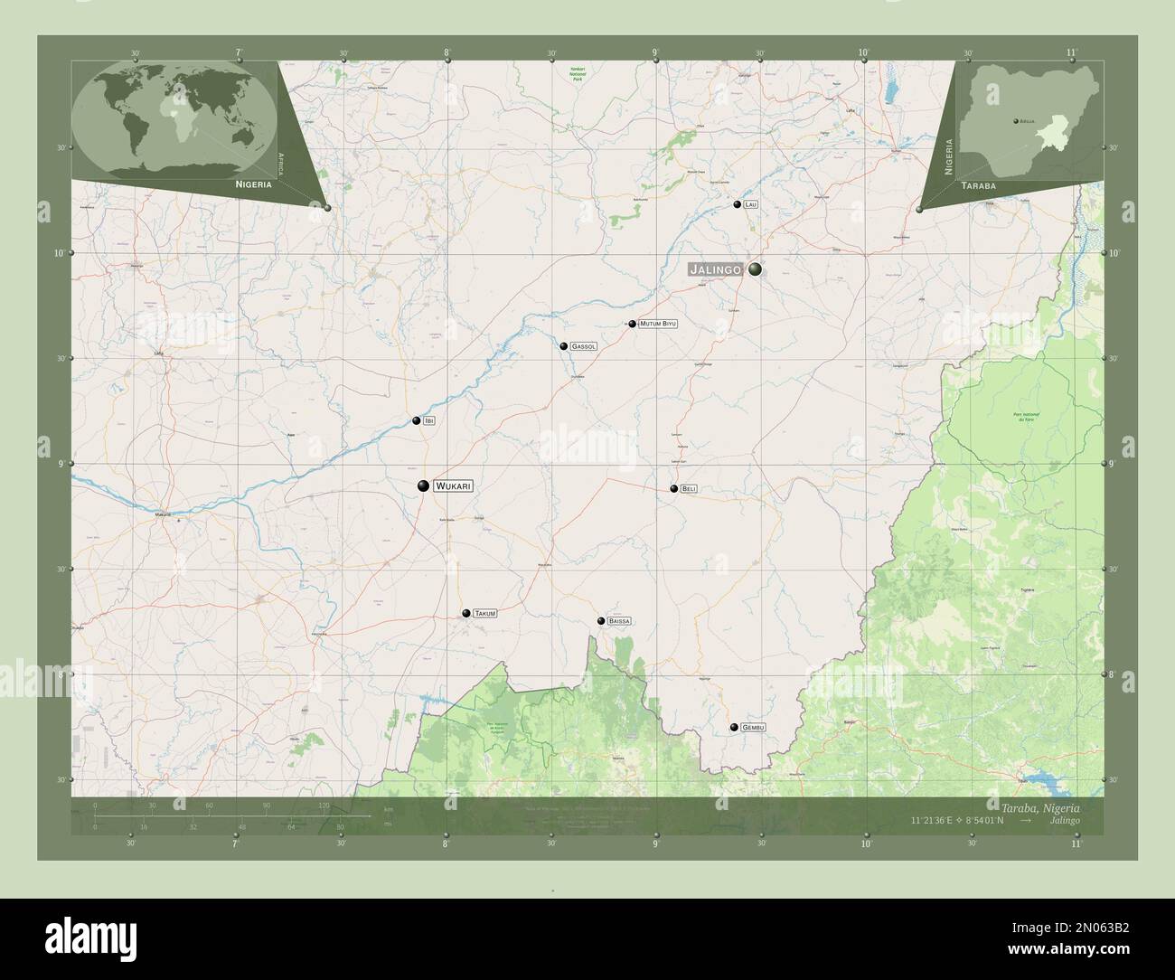 Taraba, state of Nigeria. Open Street Map. Locations and names of major ...