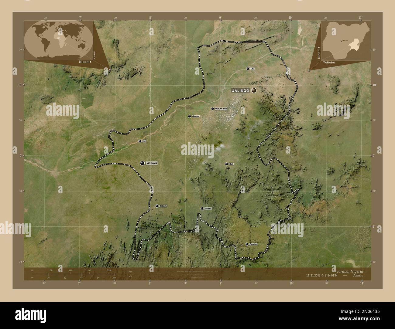 Taraba, state of Nigeria. Low resolution satellite map. Locations and ...