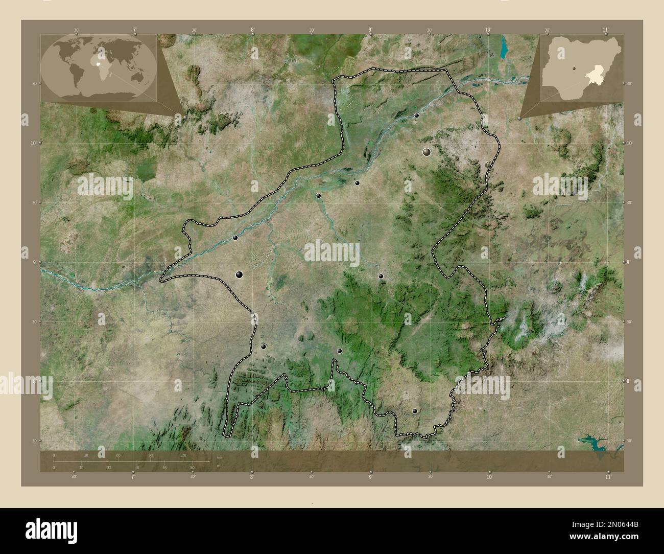 Taraba, state of Nigeria. High resolution satellite map. Locations of ...