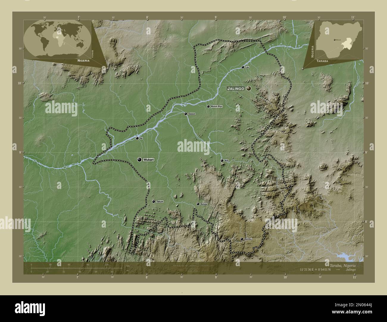 Taraba, state of Nigeria. Elevation map colored in wiki style with ...