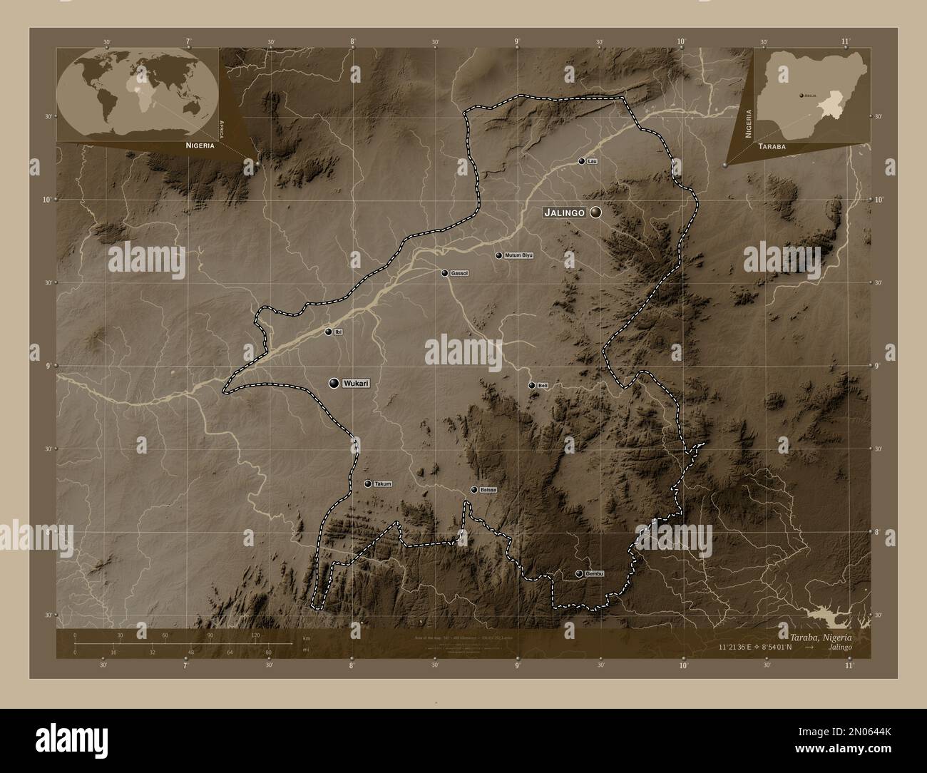 Taraba, state of Nigeria. Elevation map colored in sepia tones with ...