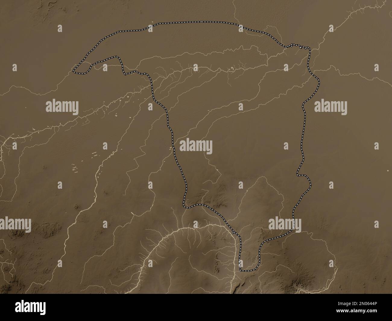 Yobe, state of Nigeria. Elevation map colored in sepia tones with lakes ...