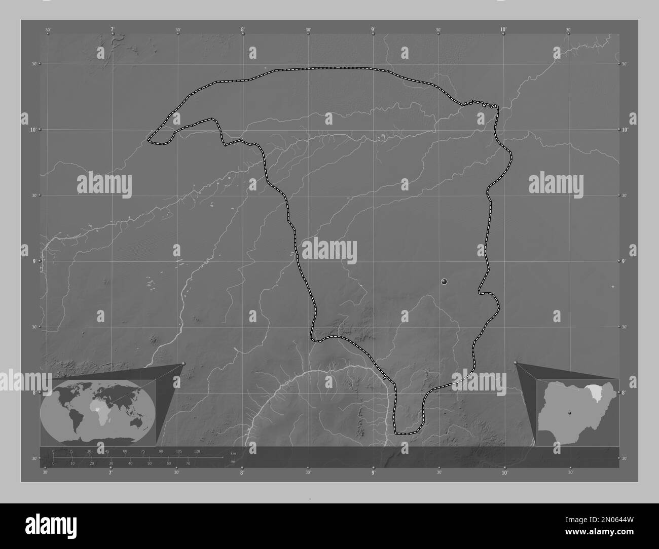 Yobe, state of Nigeria. Grayscale elevation map with lakes and rivers ...