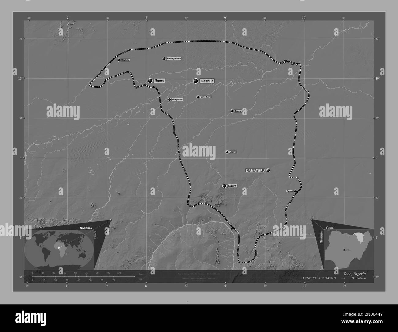 Yobe, state of Nigeria. Bilevel elevation map with lakes and rivers ...