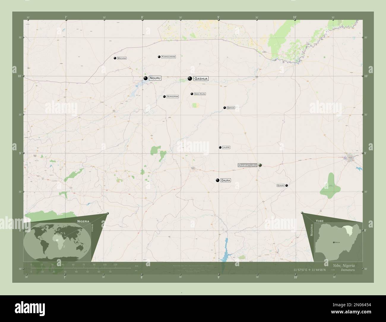 Yobe, state of Nigeria. Open Street Map. Locations and names of major ...