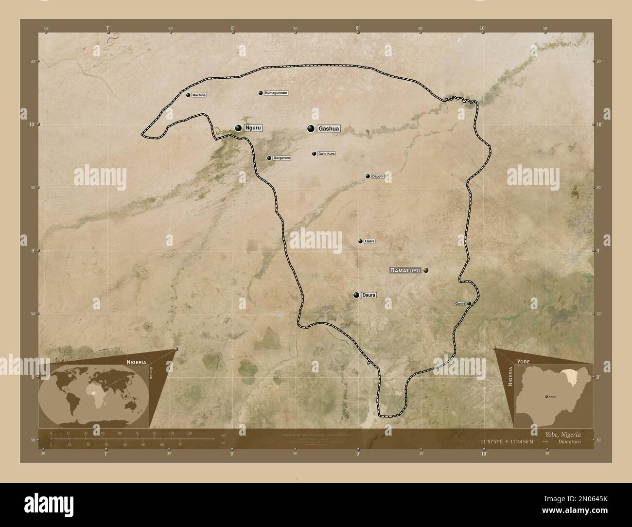 Yobe, state of Nigeria. Low resolution satellite map. Locations and ...