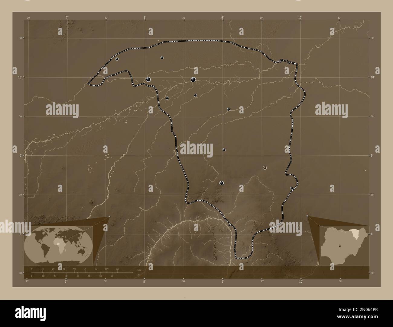 Yobe, state of Nigeria. Elevation map colored in sepia tones with lakes ...