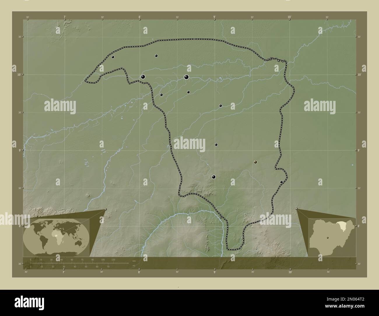 Yobe, state of Nigeria. Elevation map colored in wiki style with lakes ...