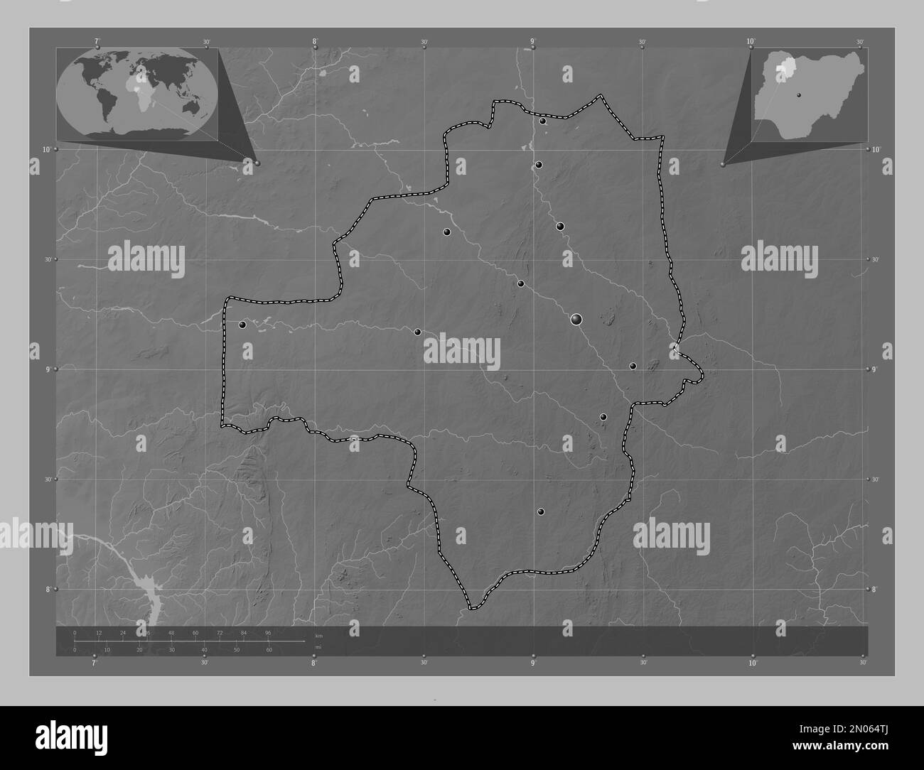 Zamfara, state of Nigeria. Grayscale elevation map with lakes and ...