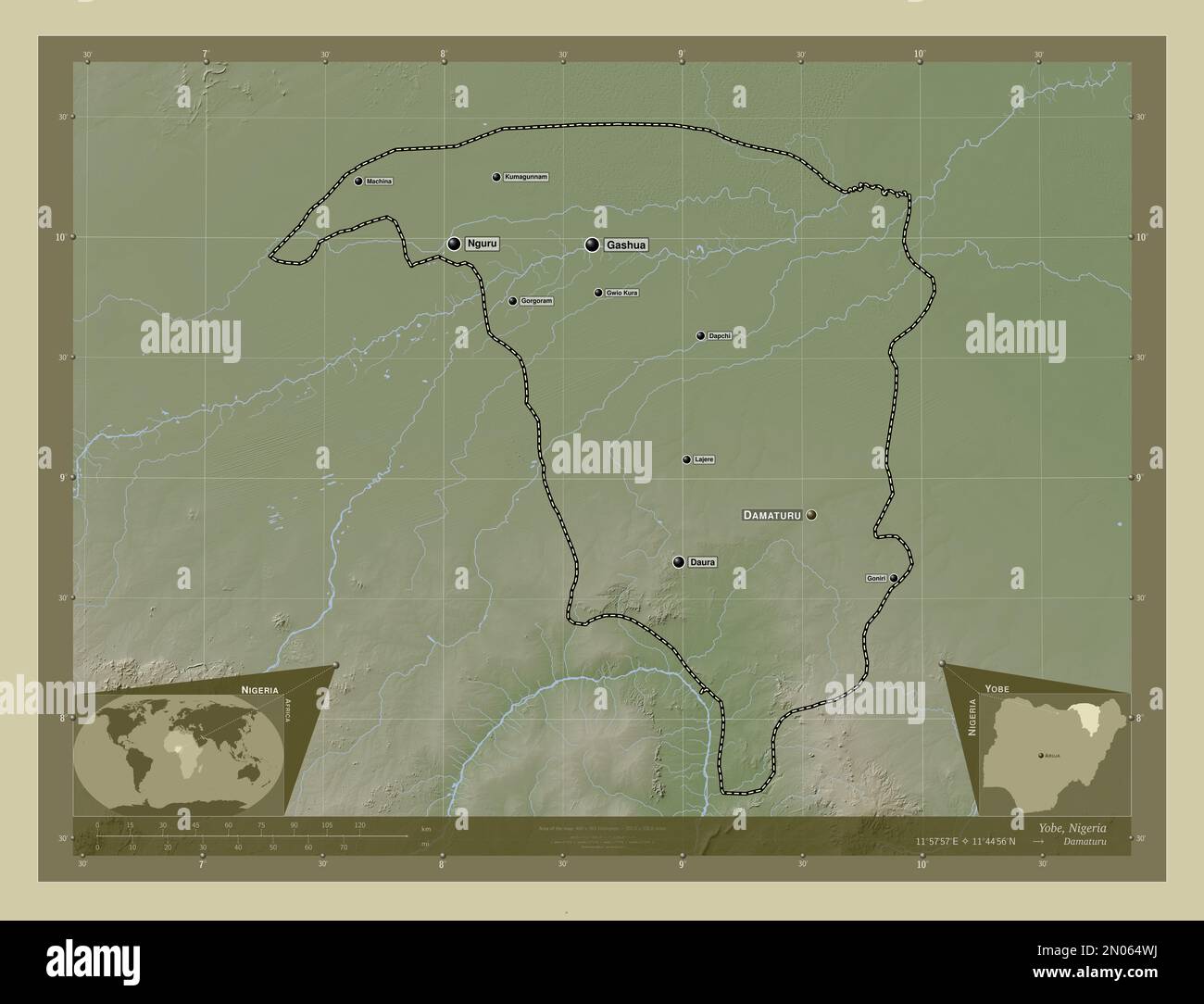 Yobe, state of Nigeria. Elevation map colored in wiki style with lakes ...