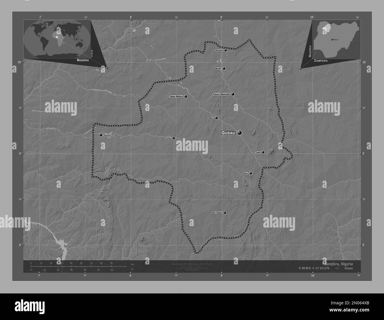 Zamfara, state of Nigeria. Bilevel elevation map with lakes and rivers ...
