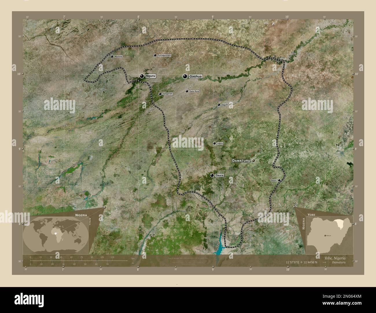 Yobe, state of Nigeria. High resolution satellite map. Locations and ...