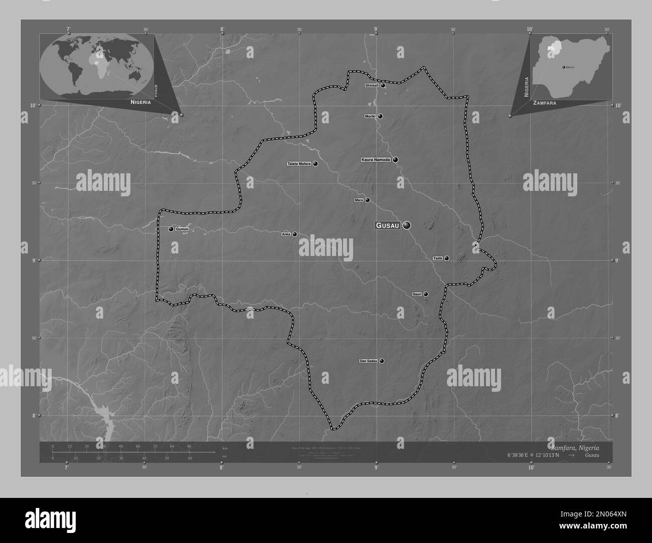 Zamfara, state of Nigeria. Grayscale elevation map with lakes and ...