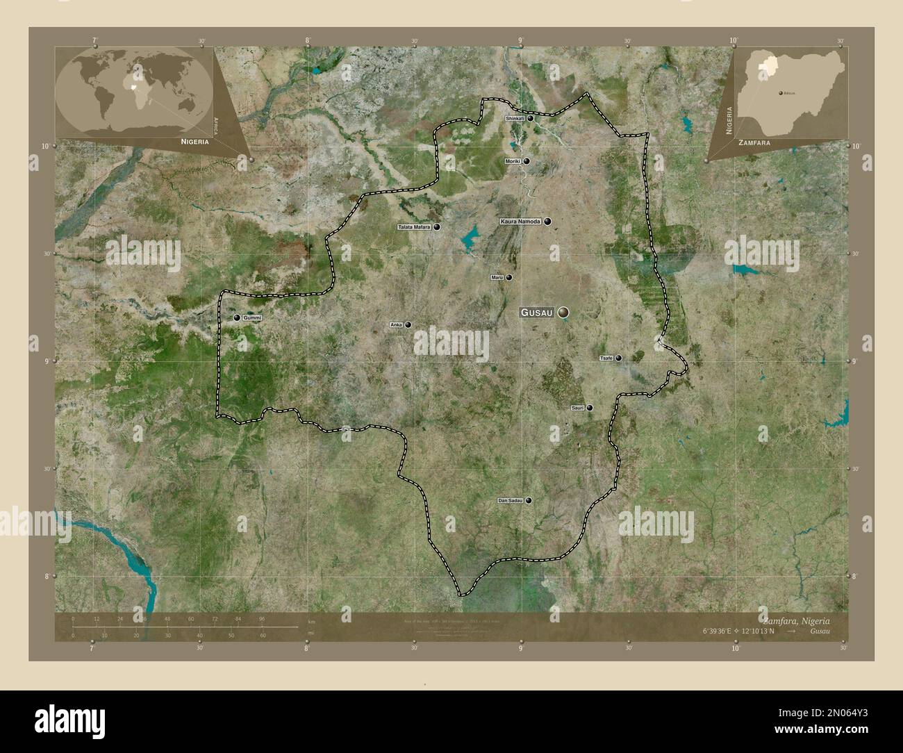 Zamfara, state of Nigeria. High resolution satellite map. Locations and ...