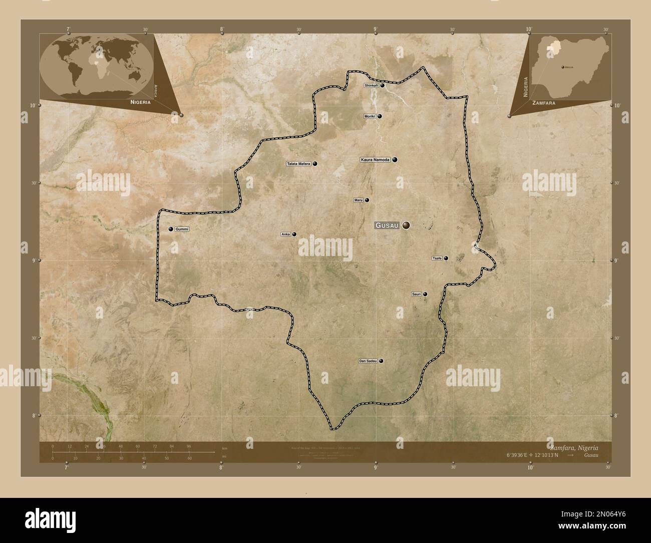 Zamfara, state of Nigeria. Low resolution satellite map. Locations and ...