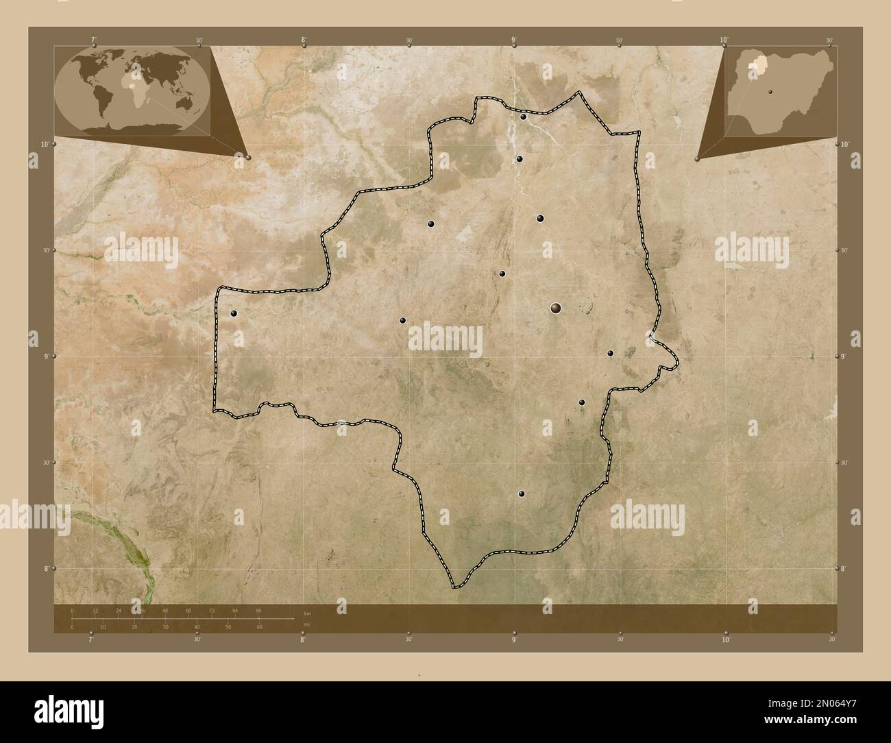 Zamfara, state of Nigeria. Low resolution satellite map. Locations of ...