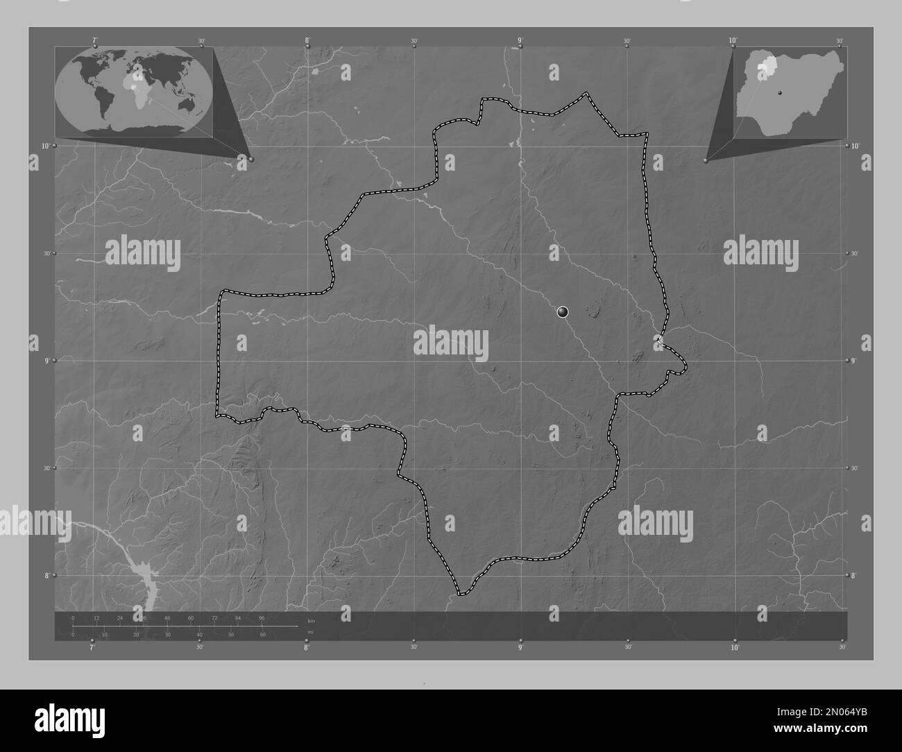 Zamfara, state of Nigeria. Grayscale elevation map with lakes and ...