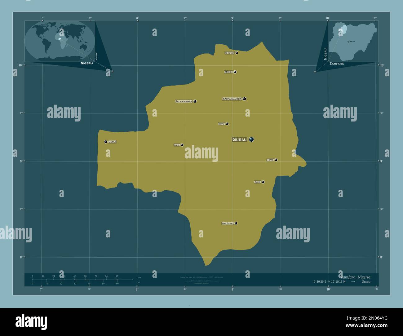 Zamfara, state of Nigeria. Solid color shape. Locations and names of ...