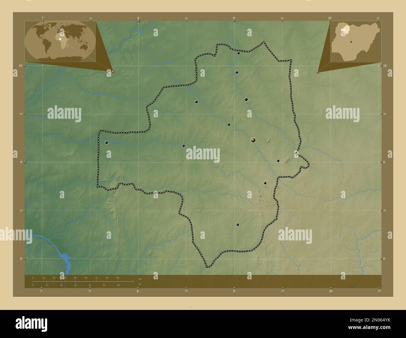 Zamfara, state of Nigeria. Colored elevation map with lakes and rivers ...