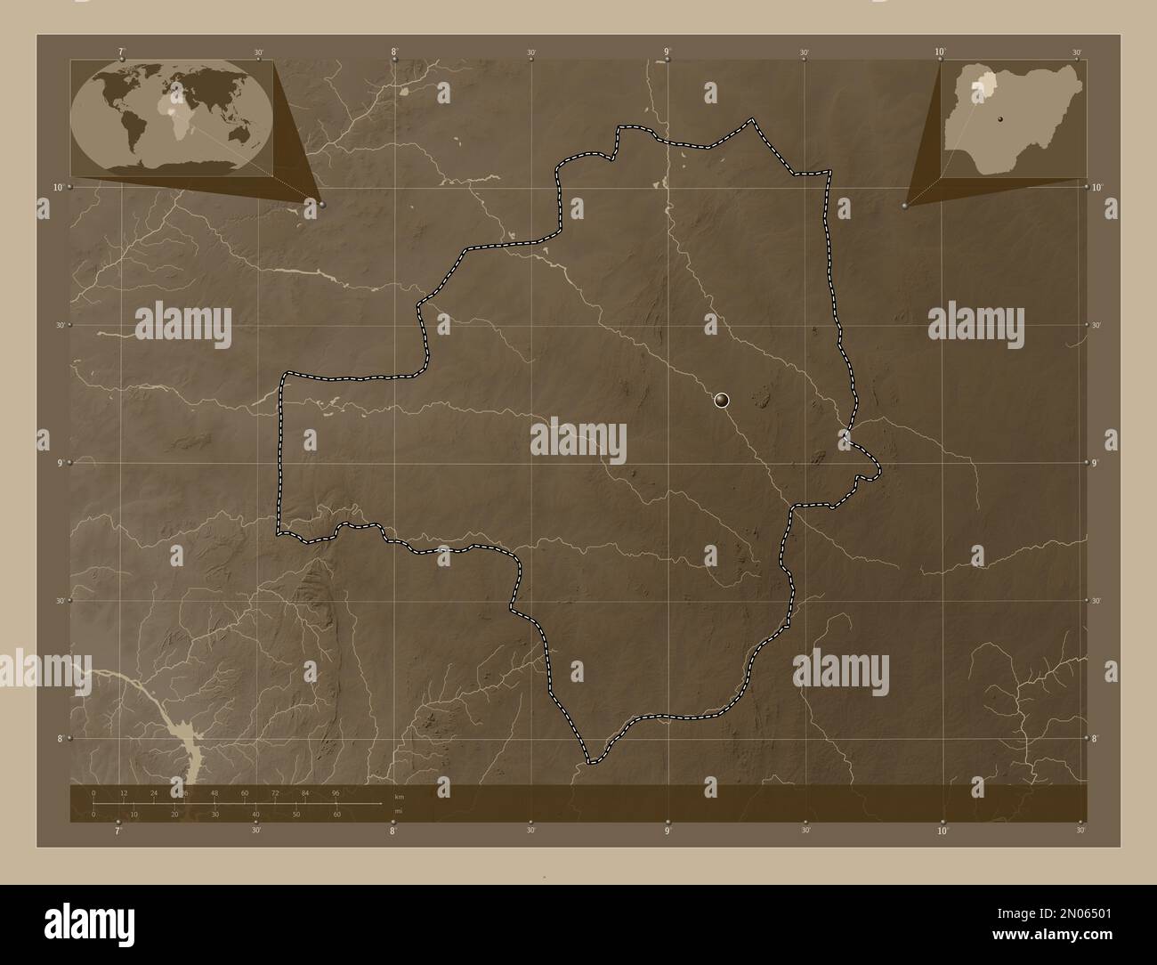 Zamfara, state of Nigeria. Elevation map colored in sepia tones with ...