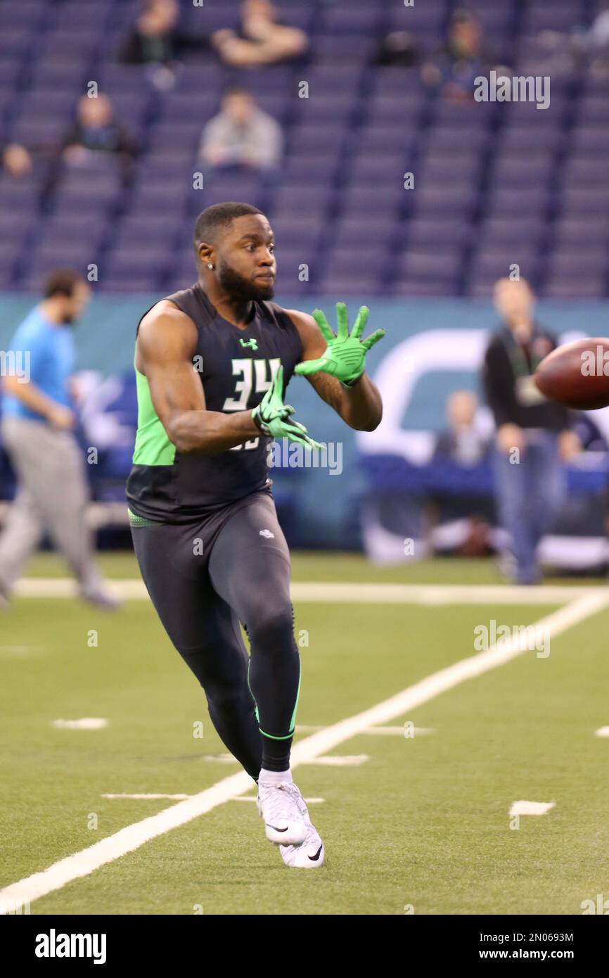 Iowa defensive back Jordan Lomax performs a drill at the NFL football ...