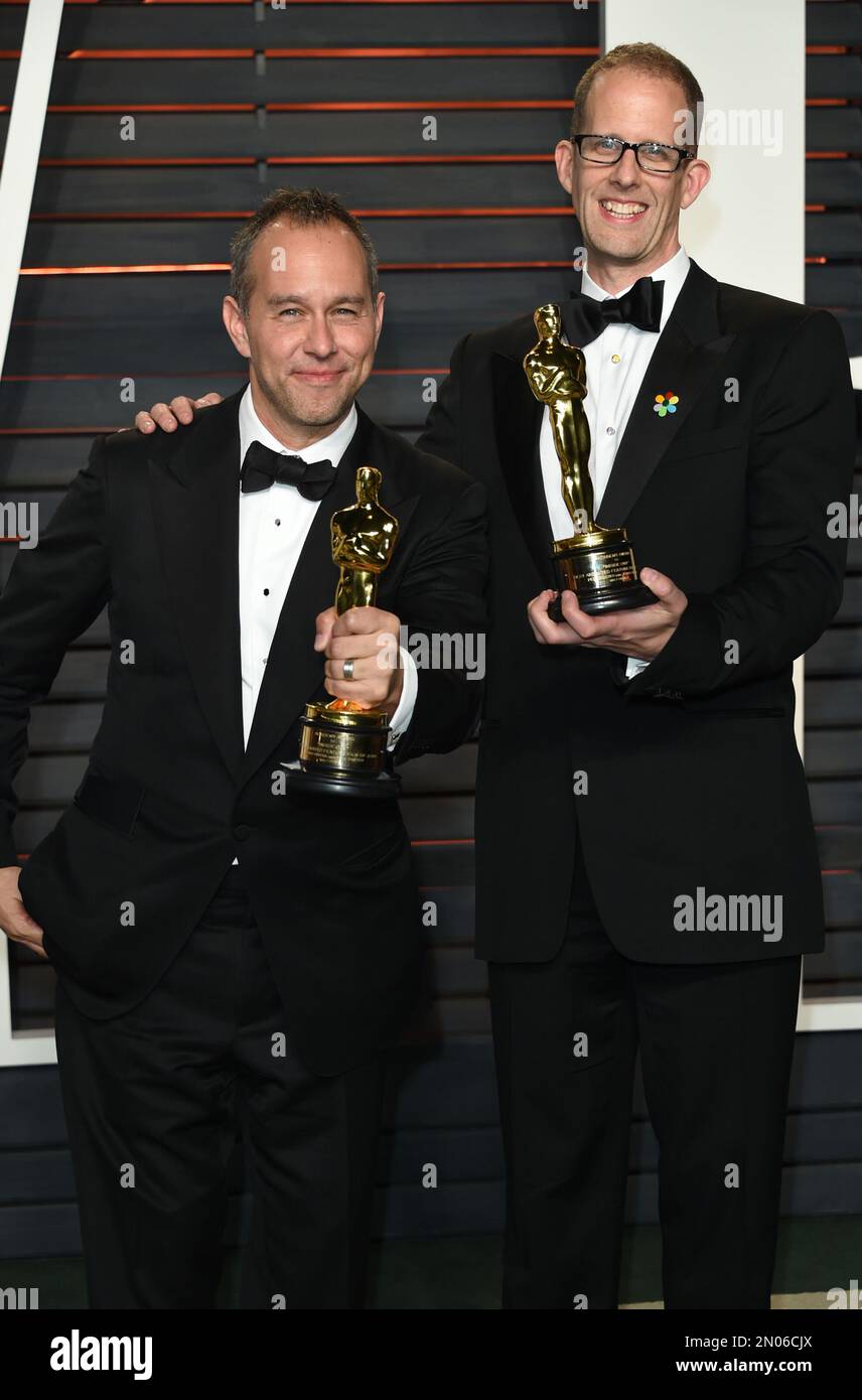 Jonas Rivera, left, and Pete Docter arrive at the Vanity Fair Oscar ...
