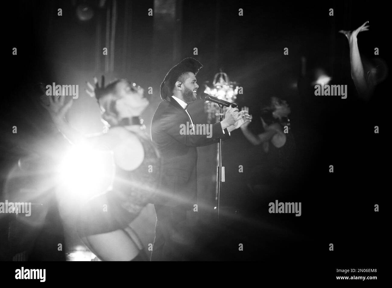 The Weeknd is seen from backstage as he performs his nominated song ...