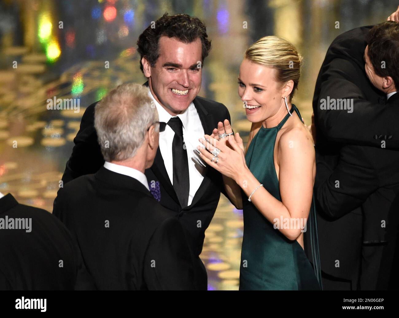 Brian d'Arcy James, left, and Rachel McAdams appear on stage after they ...