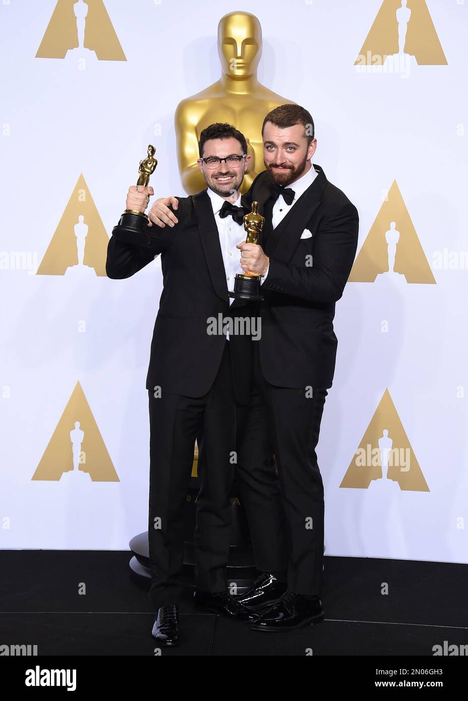 Jimmy Napes, left, and Sam Smith pose in the press room with the award ...