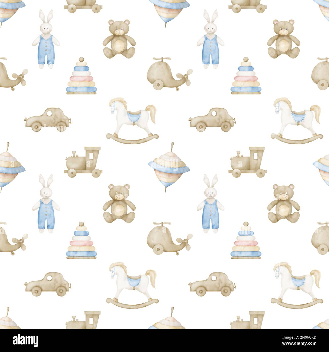 Seamless Pattern with watercolor boho Baby Toys such as wooden rocking ...