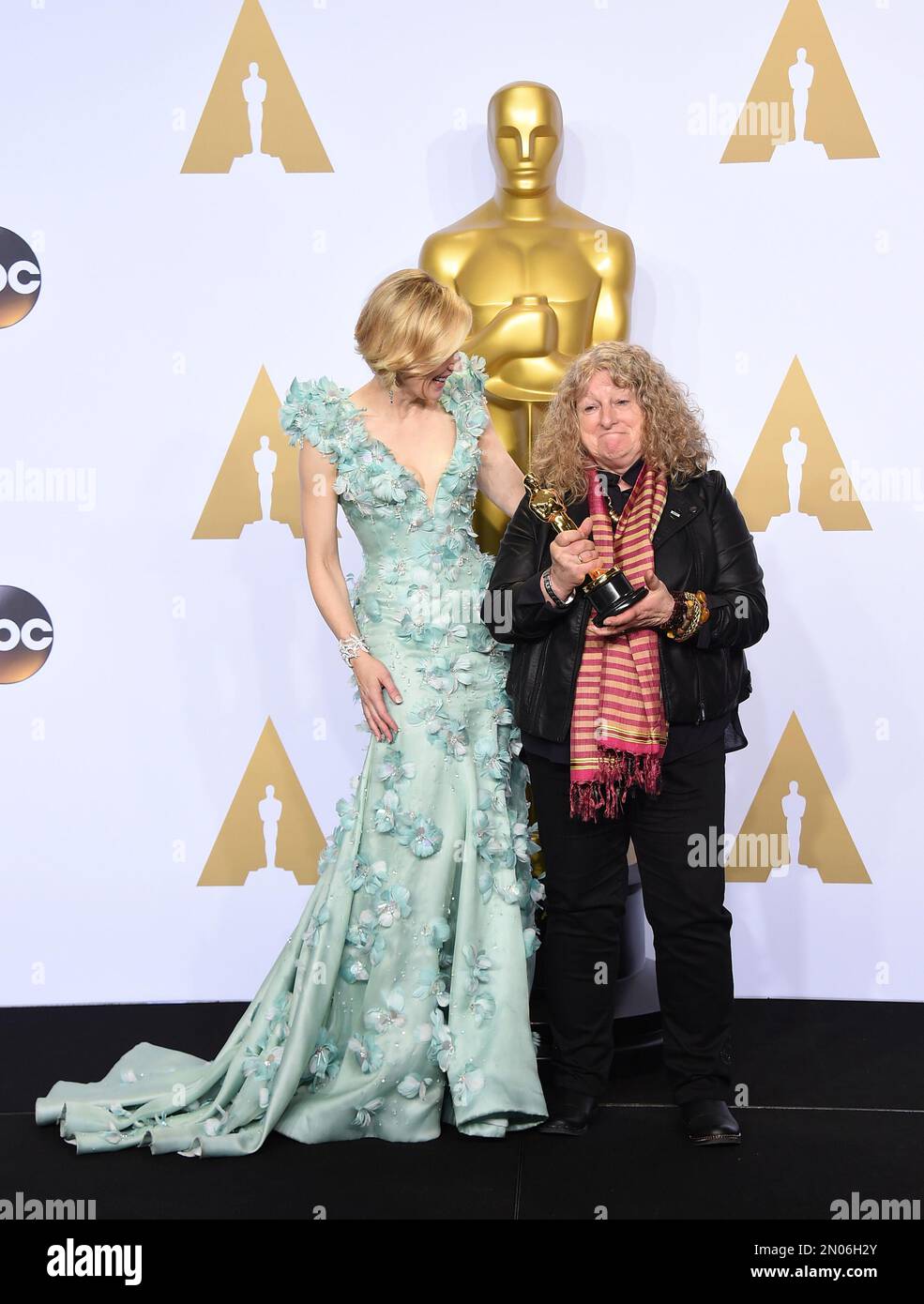 Cate Blanchett, left, poses in the press room with Jenny Beavan, winner ...