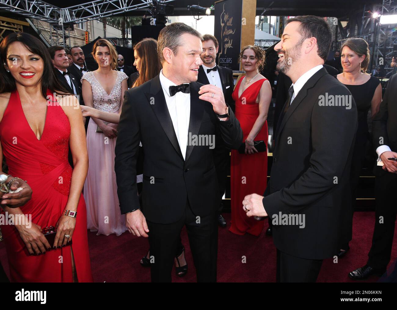 Luciana Barroso, from left, Matt Damon, and Jimmy Kimmel arrive at the ...