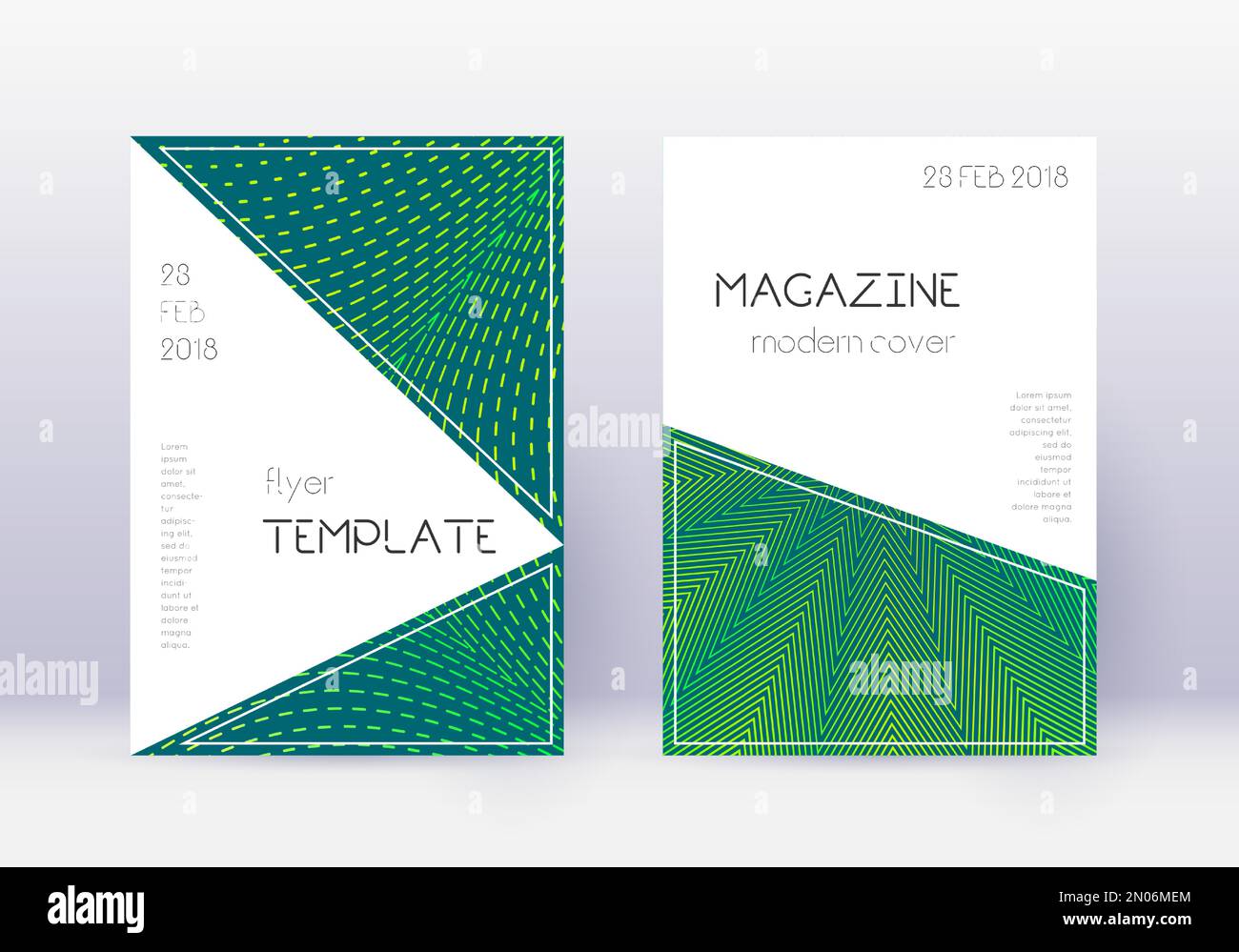Triangle cover design template set. Green abstract lines on dark ...