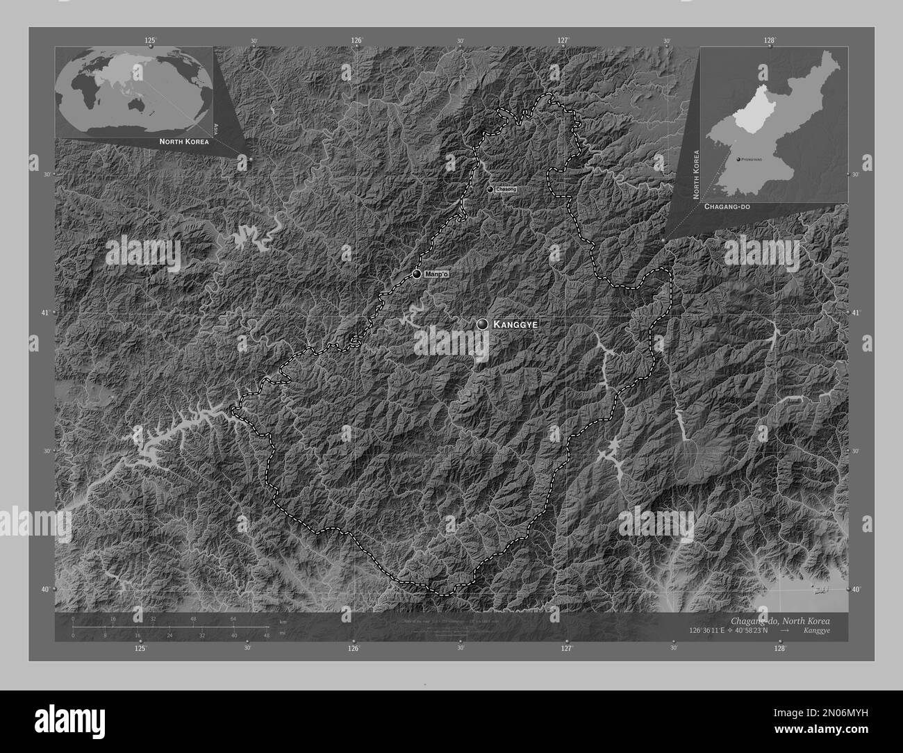Chagang-do, province of North Korea. Grayscale elevation map with lakes ...