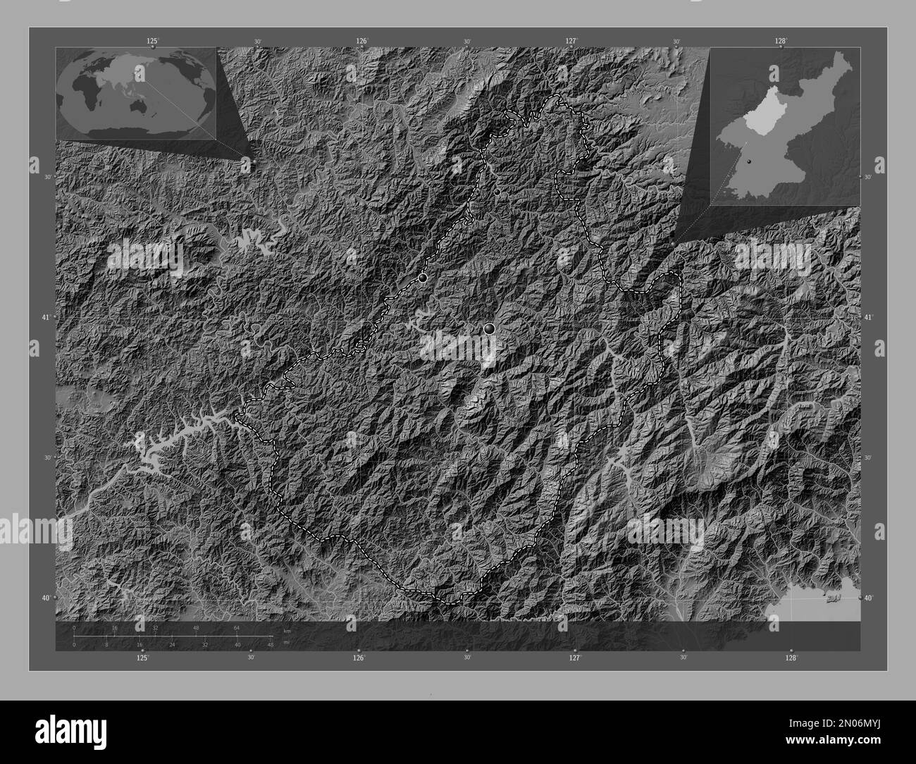 Chagang-do, province of North Korea. Bilevel elevation map with lakes ...